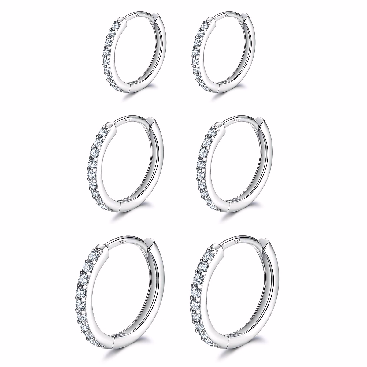 3 Pairs Sterling Silver Small Hoop Earrings Cubic Zirconia Cuff Earrings | Tiny Cartilage Huggie Hoop Earrings Piercing Jewellery for Women（8mm 10mm 12mm）
