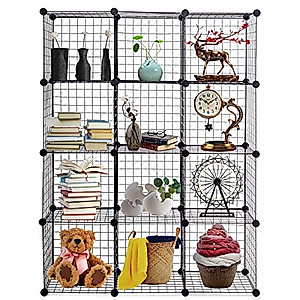 HAPPYGRILL 12-Cube Metal Wire Storage Cubes, Free Standing Modular Shelving Grids, Customizable Metal Rack Bookcase DIY Storage Organizer (42" x 14" x 56"(L x W x H))