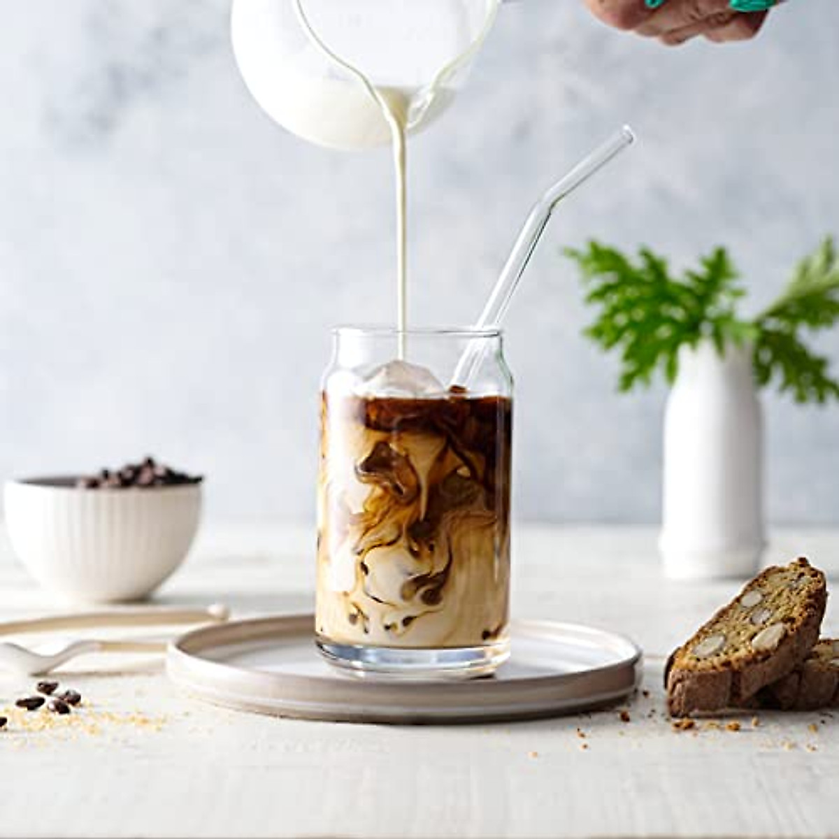 Drinking Glasses Set of 4 - Can Shaped Glass Sake Cups with Straws, 16oz Iced Coffee Glasses, Iced Tea Glasses, Tumbler Cup, Cocktail Glasses, Whiskey Soda Clear Water Cup, Beer Glasses.