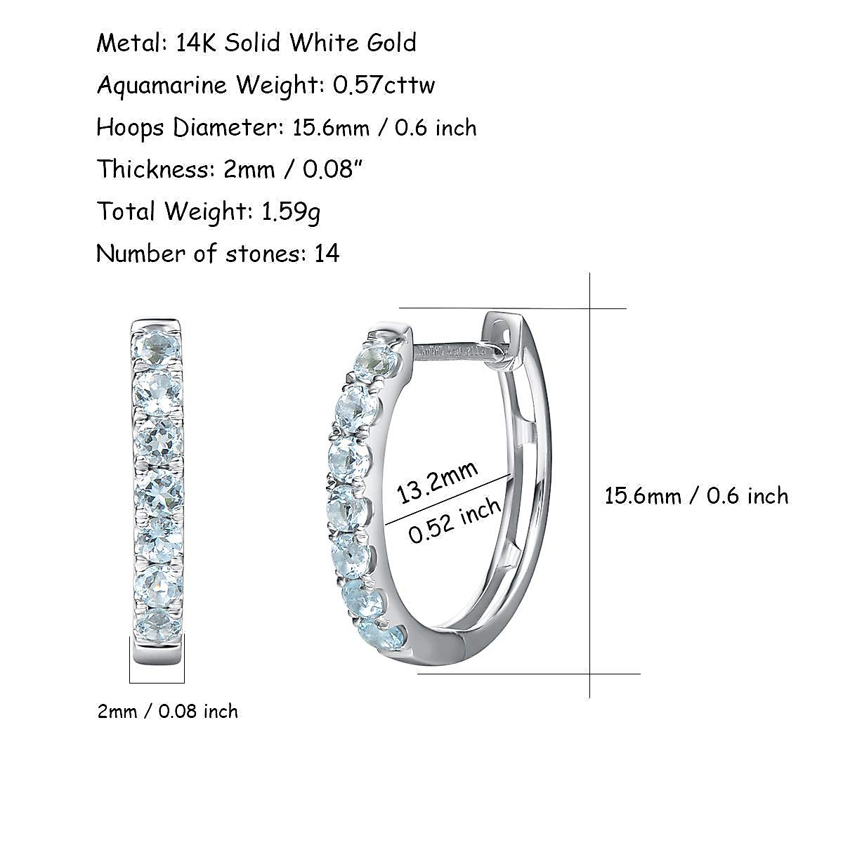 Carleen 14k Solid White Gold Round Cut Light Blue Natural Aquamarine Earrings Small/Tiny/Little Hinged Huggie Hoop Earrings Dainty Delicate Fine Jewelry Birthday Gifts for Women Size 15mm