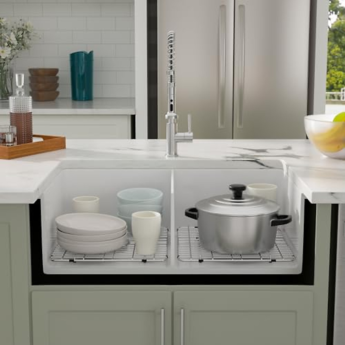 Dcolora 32 Inch White Fireclay Kitchen Sink Porcelain Double Bowl 50/50 Split Undermount Sinks Dual Mount Ceramic Sink Under Counter DC-U7737