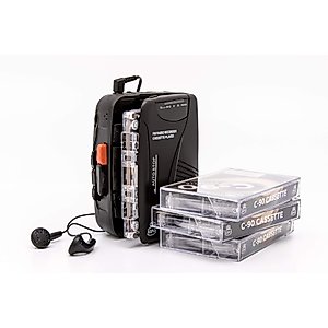 GPO Portable Retro Personal Cassette Player/Recorder with Built-in Speaker & Microphone, FM Radio, 3.5mm Headphone Jack, Earphones Included - Black