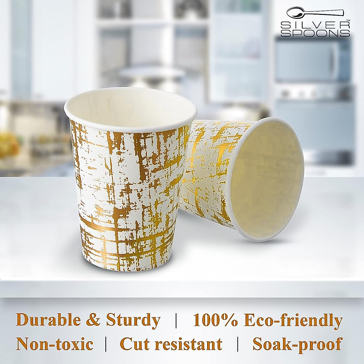 SILVER SPOONS (18 - Pack 9 Oz.) Elegant Disposable Coffee Cups - Drinking Hot Cups For Coffee, Tea, Hot Chocolate & All Sort Of Beverages, Paper Coffee Cups, Gold