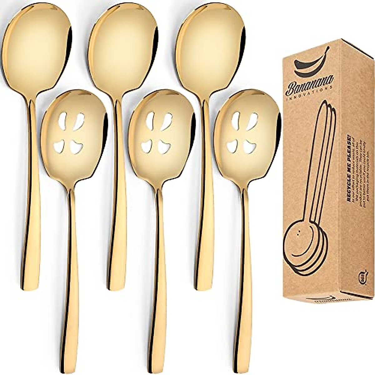 Stainless Steel Serving Spoon x 3, Slotted Serving Spoon x 3, 9.14 Inches Large Serving Utensils Set of 6 for Catering, Dishwasher Safe (Gold)