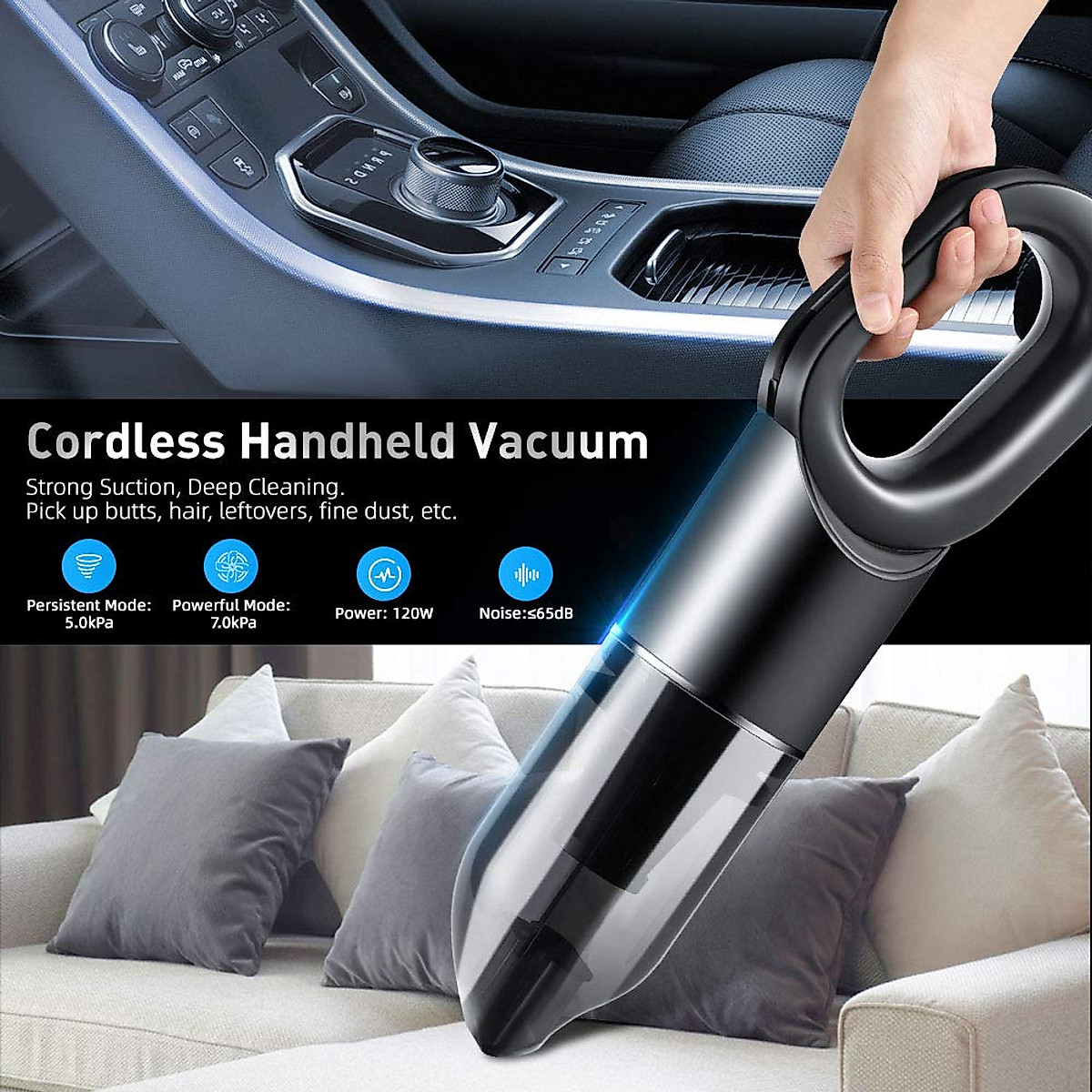 Portable Cordless Handheld Vacuum Cleaner, Farsaw 7000PA Strong Suction, 2 Speeds, 120W High Power, USB Charging, Wet Dry Car Vacuum Cleaner for Pet Hair, Home and Car Cleaning, Black