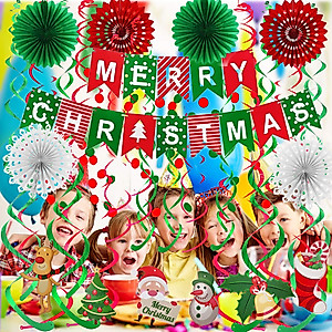 FECEDY Merry Christmas Banner Paper Fan Flower Circle Confetti Dots Hanging Garlandand Swirl Streamers Christmas Tree Christmas Snowman God Tang for Christmas Party Decoration