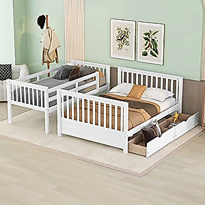 Harper & Bright Designs Bunk Bed with Drawers, Twin Over Full Bunk Bed, Solid Wood Bunk Bed Frame with Ladders & 2 Storage Drawers, Bedroom Furniture(White, Twin/Full with Drawers)