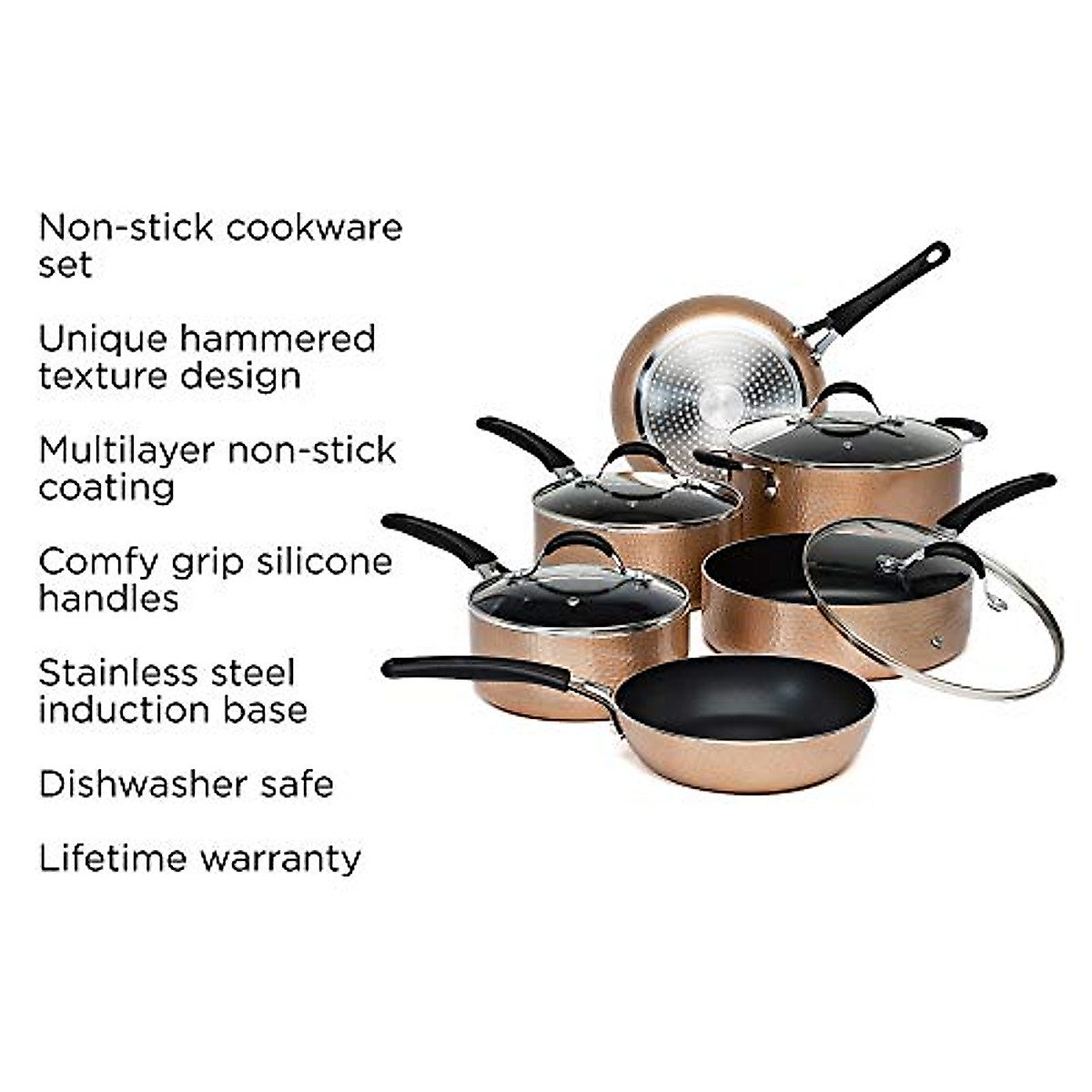 Ecolution Impressions Hammered Nonstick Pots and Pans Set, Dishwasher Safe Cookware with Riveted Stainless Steel Handles, 10-Piece, Copper