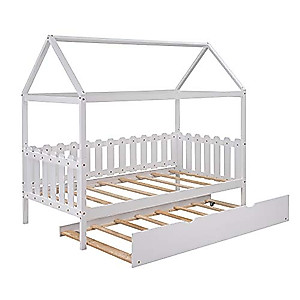 KLMM Low Daybed for Kids, Floor Bed with Trundle Bed, House Shape Wooden Bed Frame with Fence-Shaped Guardrail and Roof, Bedroom Furniture, Can be Decorated, Tent, Twin (White+Fence-Shaped Guardrail)