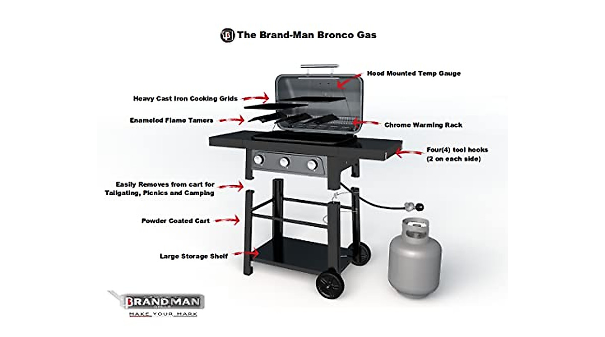 Brand-Man Bronco 3 Burner Propane Grill - Perfect for Tailgating