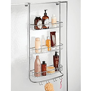 mDesign Metal Shower Door Hanger Caddy Basket, Bathroom Wall Hanging Organizer Shelf, Built-In Hook, 3 Tier Shelves for Shower Stalls, Holds Shampoo and Body Wash, Extra Large, Omni Collection, Chrome