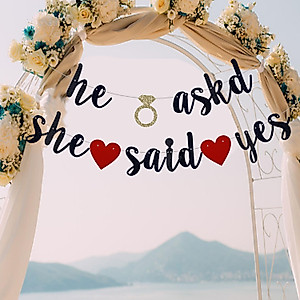 QFiesy He Asked She Said Yes Banner, Black Glitter Bride to Be Decorations, Black Glitter Bunting Sign for Engagement Bridal Shower Wedding Party. (Pre-Strung)