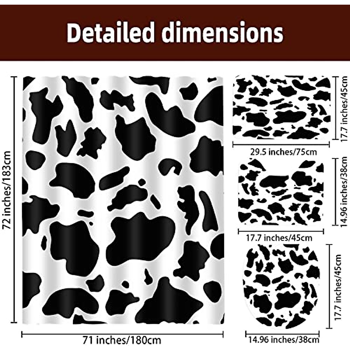 4pcs Cow Print Shower Curtain Sets with Rugs Accessories, Black and White Pattern Bath Curtains Set Bathroom Decor with 12 Hooks 71x72 in SETYYEA4