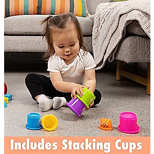 PIDOKO KIDS Wooden Baby Walker - 1 Year Old Boy Girl Gifts - Includes Stacking Sorting Cups, Zoo Themed Blocks and Book - Developmental Montessori Learning Toys for Babies 12 Months +