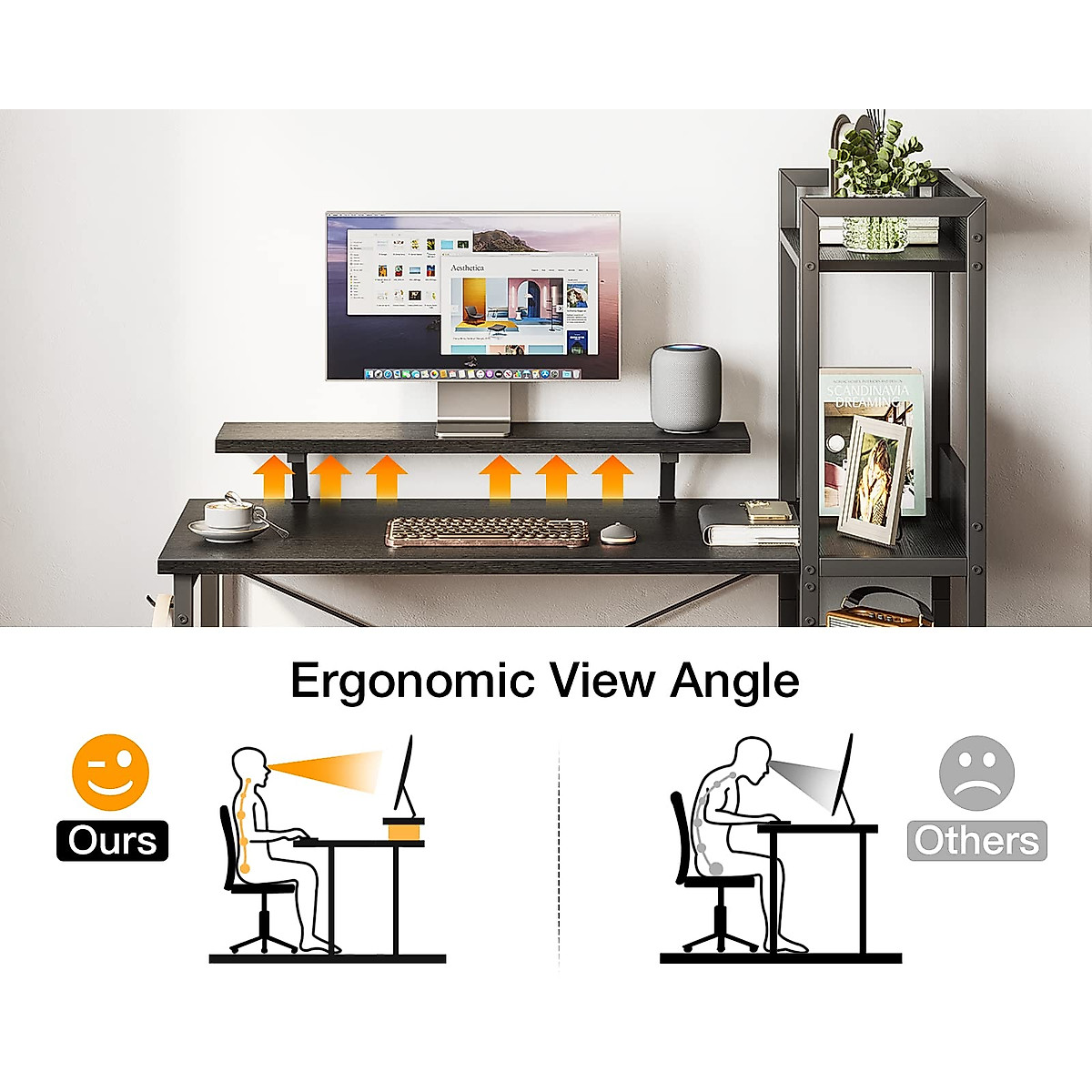 ODK Computer Desk with Storage Shelves, 47 Inch Writing Desk with Bookshelf, Reversible Study Table for Home Office, Small Space Bedroom, Grey Oak