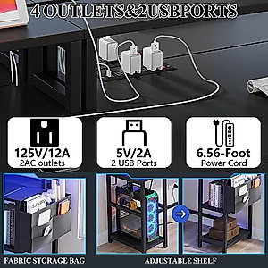 Gyfimoie L Shaped Desk with Power Outlet and LED Strip, 94'' Reversible Corner Computer Gaming Desk with Monitor Stand and Shelves, 2 Person Home Office Desk with Storage Bag and Hooks (Black)