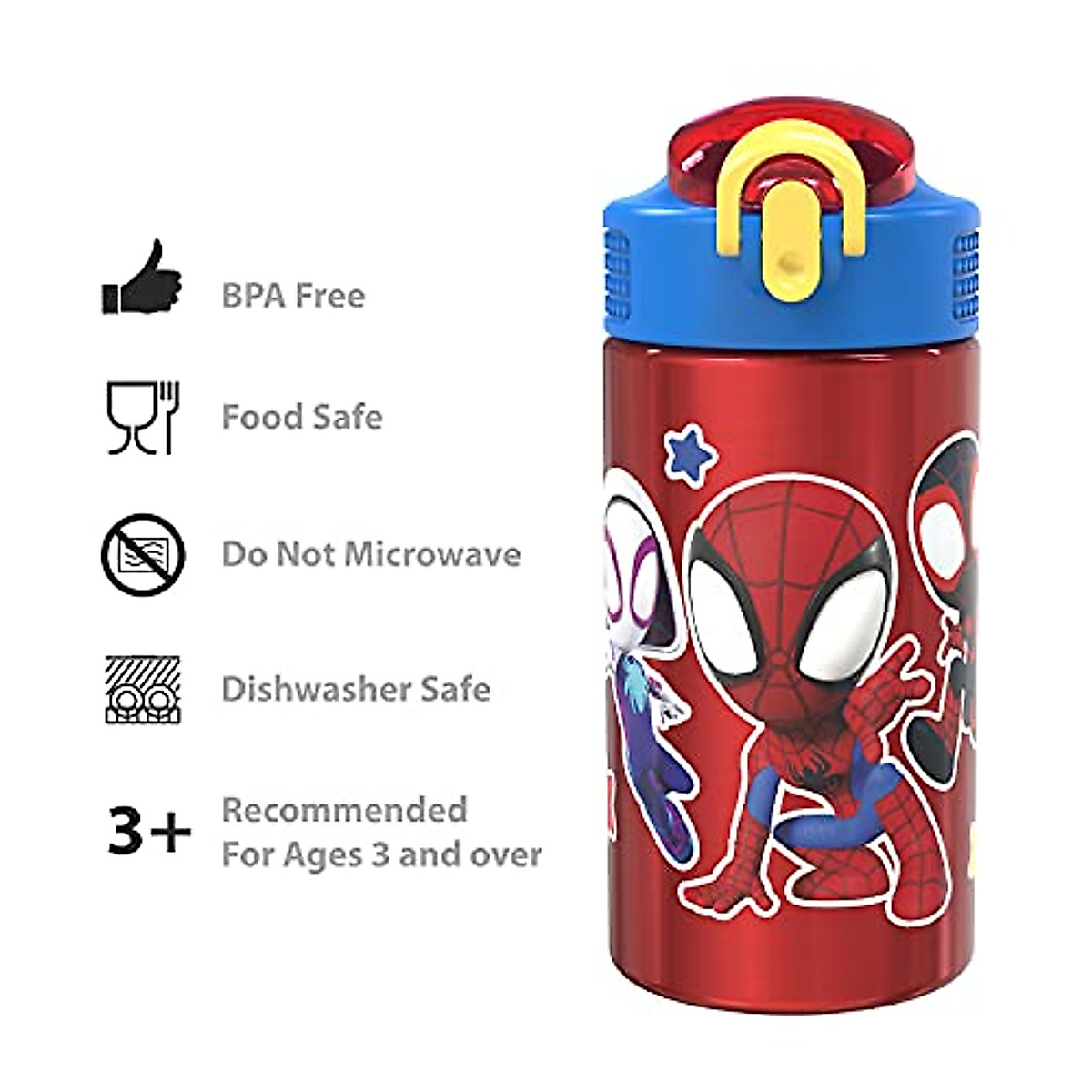 Zak Designs Marvel Spider-Man 18/8 Single Wall Stainless Steel Kids Water Bottle, Flip Straw Locking Spout Cover, Durable Cup for Sports or Travel (15.5oz, Non-BPA, Spidey and His Amazing Friends)