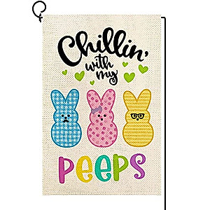 Baccessor Easter Bunny Garden Flag Double Sided Chillin with My Peeps Buffalo Plaid Cute Rabbit Burlap Small Yard Flag for Spring Holiday Seasonal Farm house Outdoor Outside Decoration 12.5x18 Inch