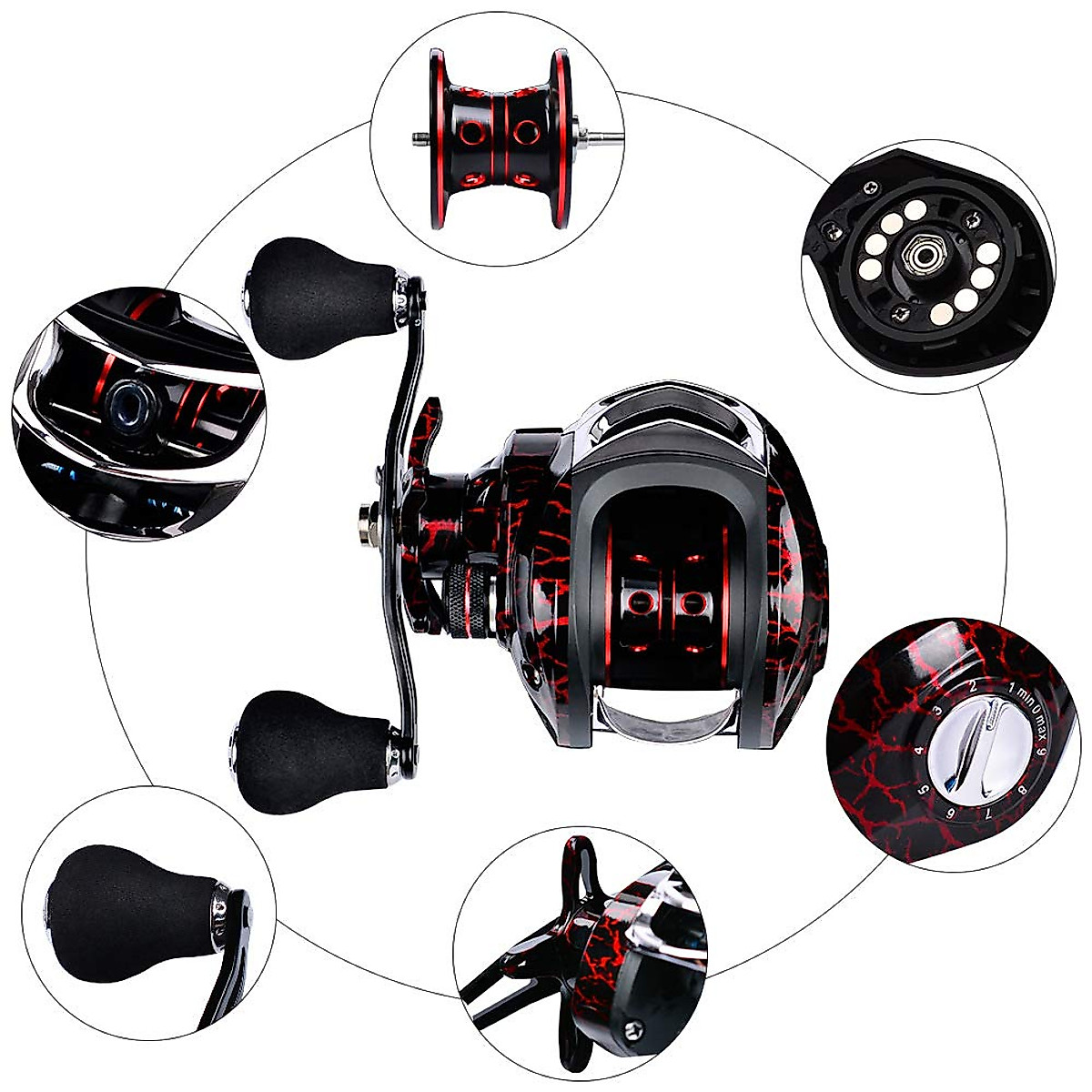 New UP 200kg Max Drag Fishing Reels 18+1BB Baitcasting Fishing Reel Magnetic Brake Baitcaster Fishing Reel for Saltwater Freshwater Fishing (red & Black, Left Hand)