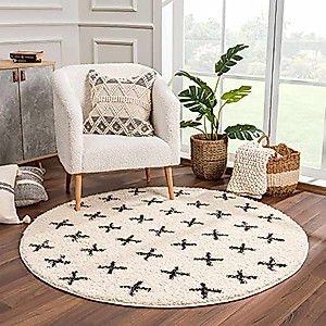Hauteloom Alstead Farmhouse Swiss Cross Geometric Shag Area Rug - Fluffy High Pile Super Soft Rug with Tassels for Living Room, Bedroom, Dining Room - Cream, Beige, Black - 3'11" x 5'7"