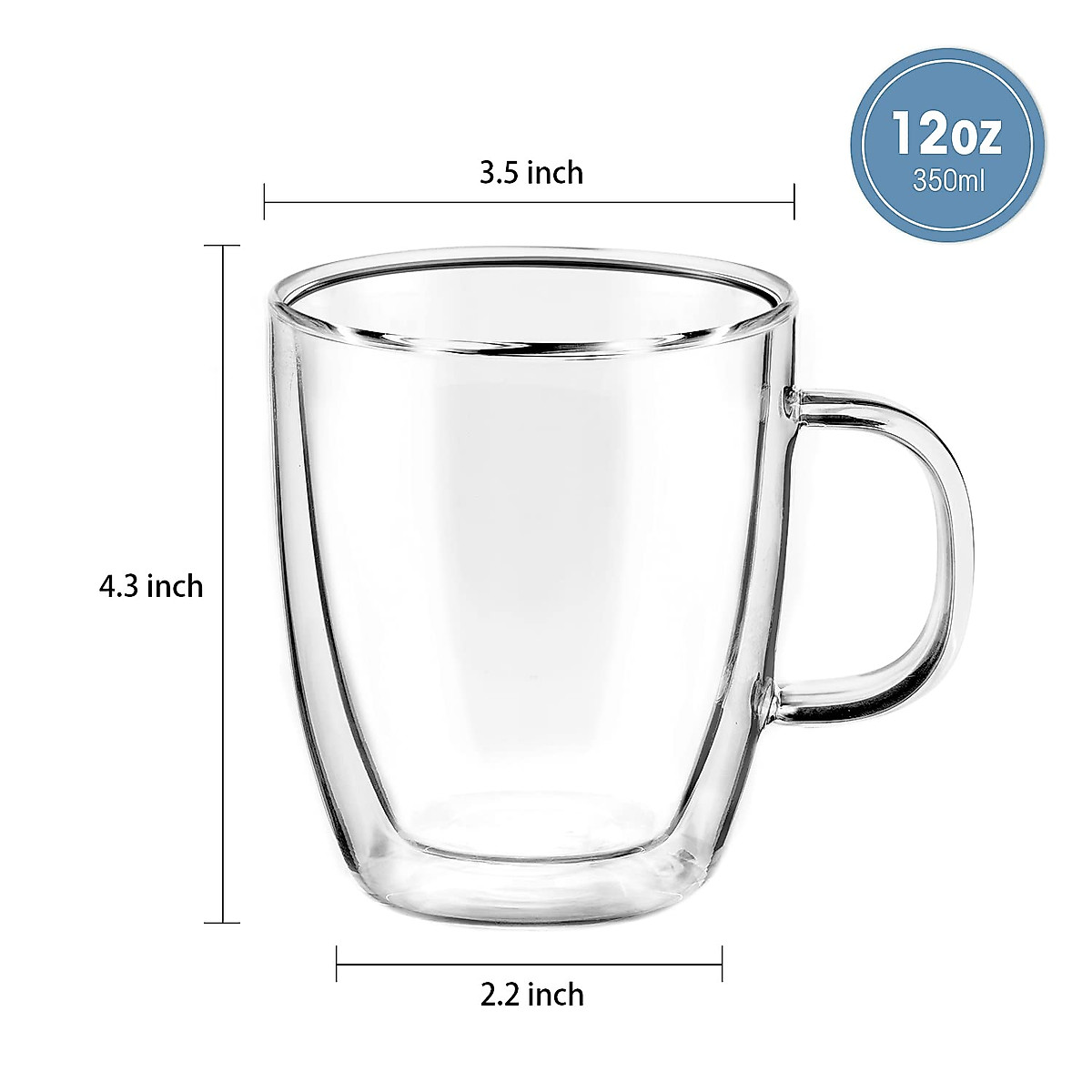 Liuruiyu Double Wall Glass Coffee mugs, (Set of 4) 12 Ounces-Clear Glass Coffee Cups with Handle,Insulated Coffee Glass,Cappuccino Cups,Tea Cups,Latte Cups,Beverage Glasses