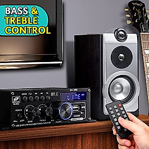 Facmogu AK380 Max 200Wx2 Mini Audio Power Amplifier, RMS 40Wx2 2.0 CH Bluetooth Receiver Speaker Amp with 12V 5A Power Supply, Bass & Treble Control Music Player Sound Amplifier for Car Home Garage