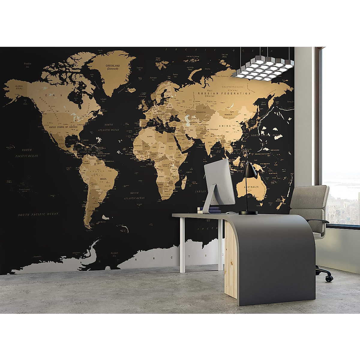 Murwall Map Wallpaper Black Brown World Map Wall Mural Dark Political Maps Wall Print Livingroom Office Decor Entryway Hallway