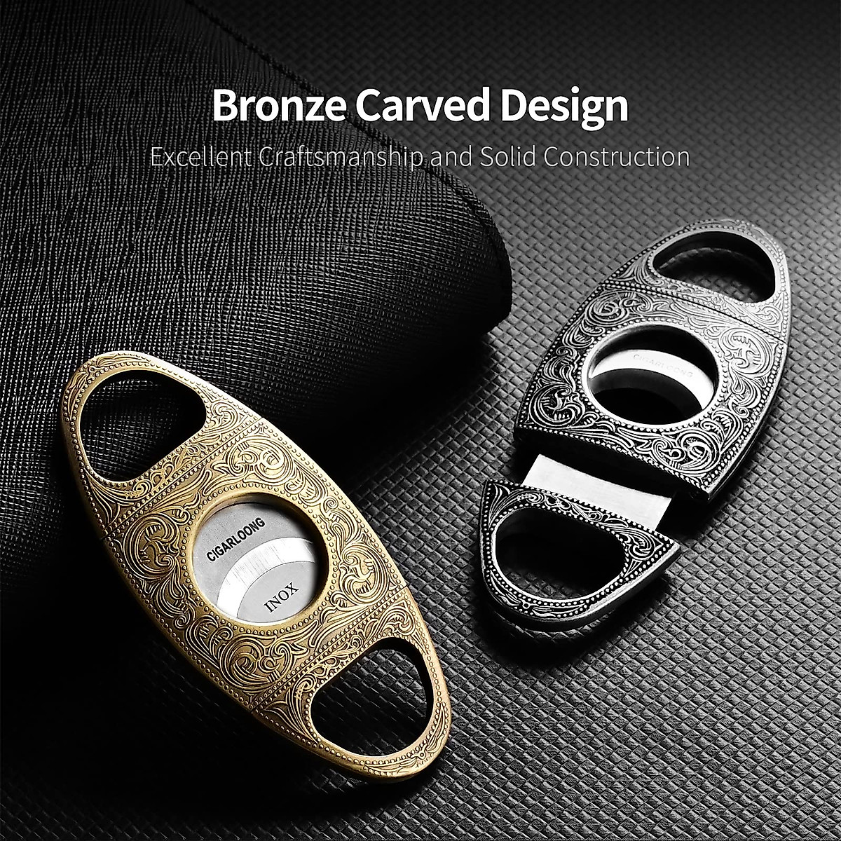 CIGARLOONG Cigar Cutter Bronze Classic Double Cut Blade Cigar Guillotine (Silver+Black)