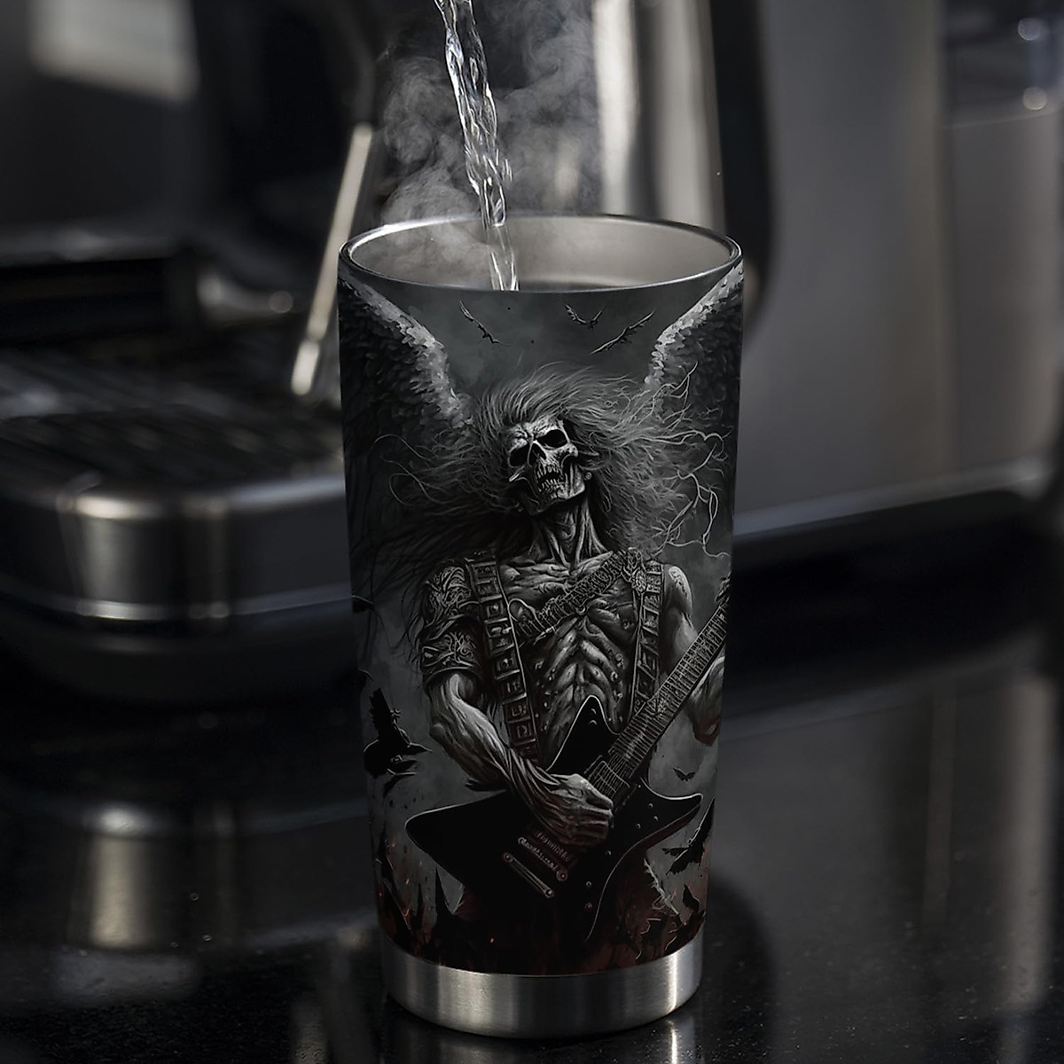 20oz Metal Rock Skull Reaper Electric Guitar Tumbler, Guitarist, Musician Gifts, Coffee Thermos for Men, Stainless Steel Double Wall Vacuum Insulated Coffee Mug, Travel Cup with Lid