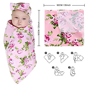 4 Pack Maternity Robe and Matching Baby Swaddle Blanket with Hat Headband Set, Stretchy Knitted Delivery Nursing Dress with Pockets and Receiving Blanket for Mummy and Baby (Pink Flower)