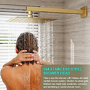 Holispa Gold Shower System, Shower Faucet Set with 10-Inch Rain Shower Head and Handheld, Wall Mounted High Pressure Shower Head Set, Shower Combo Set with Shower Valve and Shower Trim, Brushed Gold