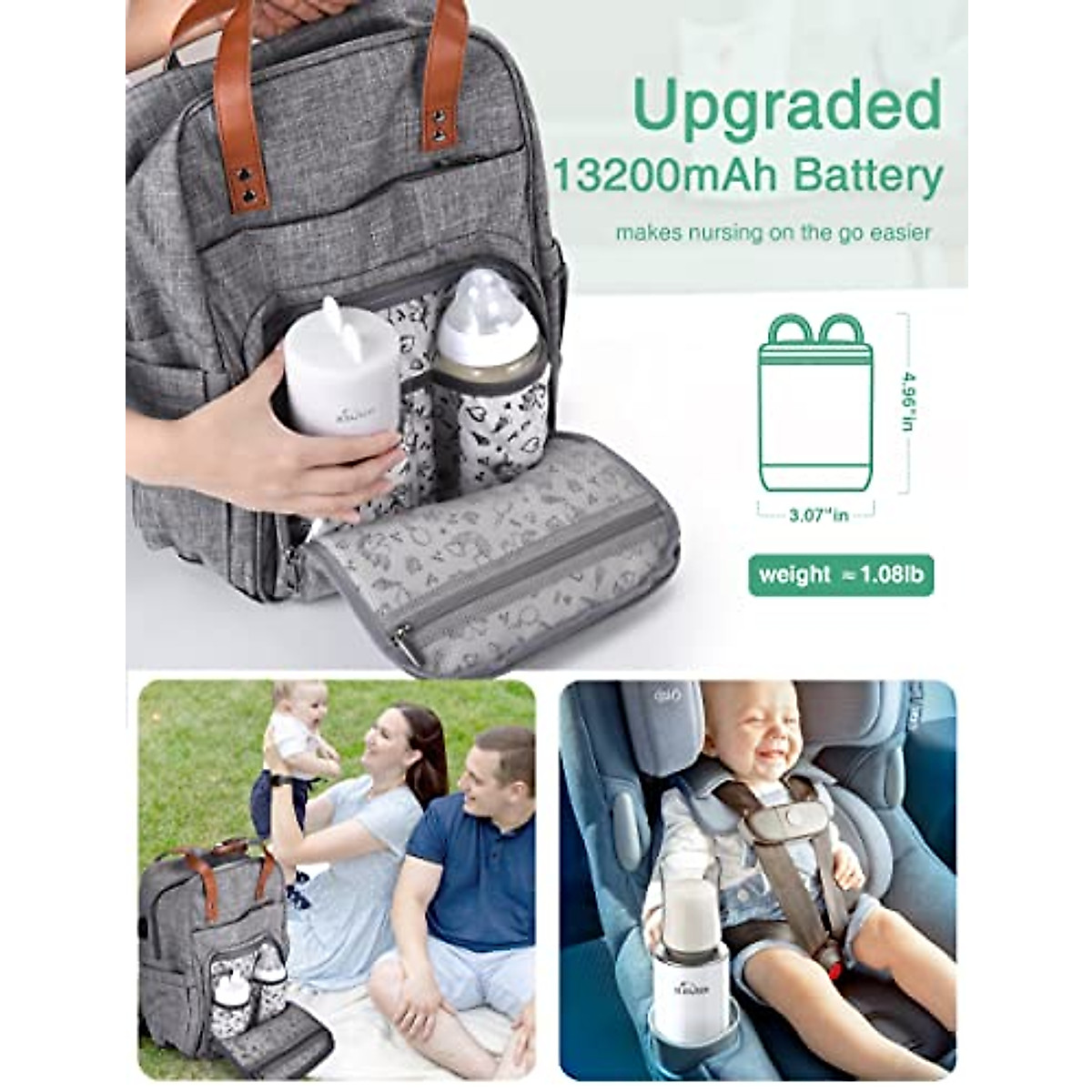 Portable Bottle Warmer, Fast Heating Travel Bottle Warmer, 13200mAh Baby Bottle Warmer On The Go for Breastmilk and Formula with 5 Adapters, 4 Temperature,Leak-Proof, Cordless, Battery Powered