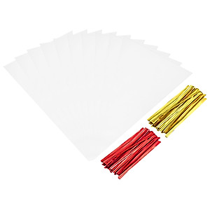 uxcell 200 Pcs Cone Cello Bags, Clear Flat Plastic Cello Treat Bag with Gold/Red Twist Ties Candy Bags Cookie Bags for Christmas Snacks Candy Cookie Sweet