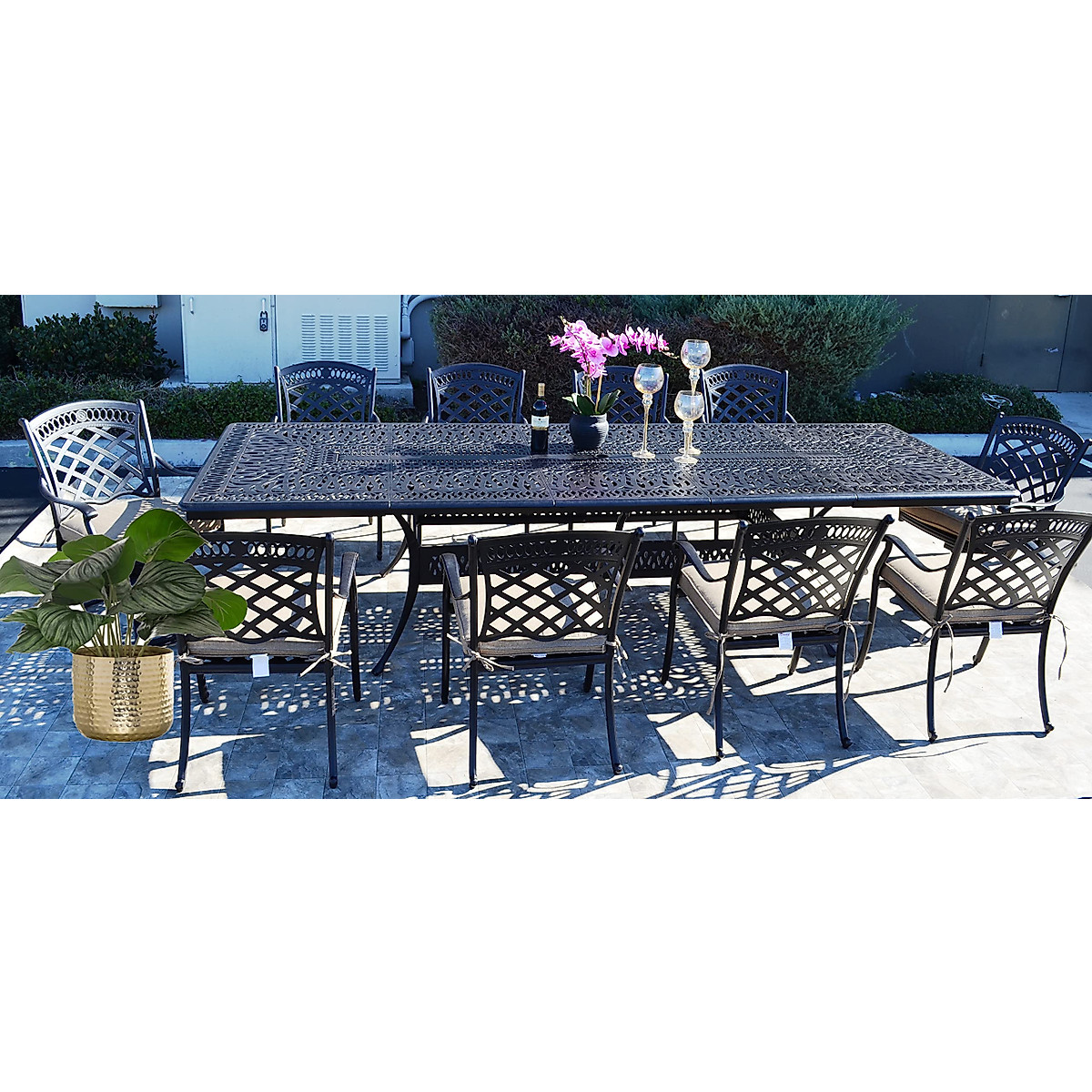 Patioland St Augustine Outdoor Cast Aluminum Powder Coated 11-Piece Dining Set with Extendable 48X132 Table (with 10 Regular Chairs)