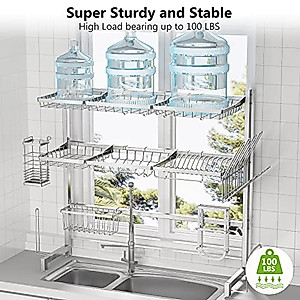 1Easylife Over The Sink Dish Drying Rack 3 Tier Stainless Steel Large Kitchen Rack Dish Drainers for Home Kitchen Counter Storage, Shelf with Utensil Holder, Above Sink Shelves (silver1)