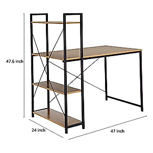 Coral Flower Tower Computer Desk with 4 Tier Shelves - 47'' Multi Level Writing Study Table with Bookshelves Modern Steel Frame Wood Desk Compact Home Office Workstation ，Light Walnut