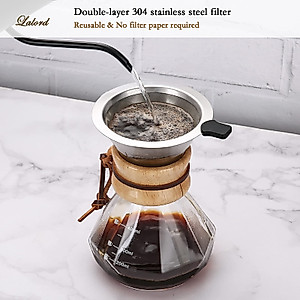Lalord Pour Over Coffee Maker with Stainless Steel Filter, Borosilicate Glass Coffee Carafe, Modern Wooden Collar, Coffee Maker Carafe, Hold 2 Cups, 400 ml/13.5 oz, Clear