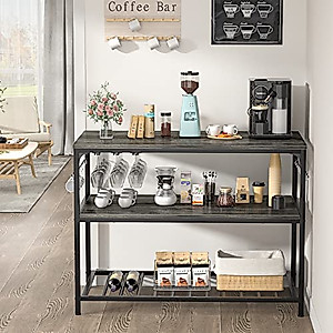 Homieasy Kitchen Island with Wine Glass Holder, Industrial Wood and Metal Coffee Bar Wine Rack Table, 3 Tier Spacious Kitchen Prep Table Extended Counter with Hooks Easy to Assemble, Black Oak
