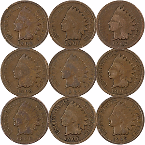 1900-1908 1c Indian Head Cent Penny 9 Coin Collectible Gift Set AG About Good