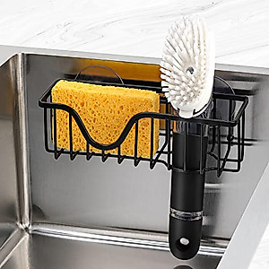 Sponge Holder for Kitchen Sink with Adhesive Hook & Suction Cups - 2 IN 1 Sink Caddy for Sponges, Dish Brush, Scrubbers, Soap - 304 Stainless Steel Kitchen Bathroom Organizer Accessories - Black
