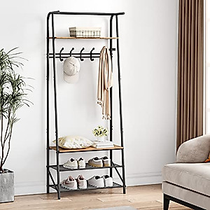 IDEALHOUSE Coat Rack Shoe Bench with 5 Hooks, Hall Trees Entryway Bench with Storage, Multifunctional Hallway Organizer, Wood Look Accent Furniture with Metal Frame for Entryway, Living Room, Bedroom