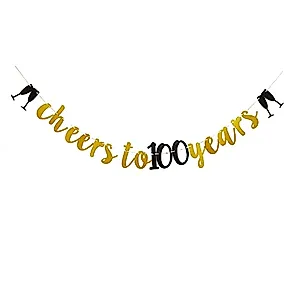 Cheers To 100 Years Fun Gold Banner Sign for 100th Birthday / Anniversary Party Bunting Supplies Decorations Garlands