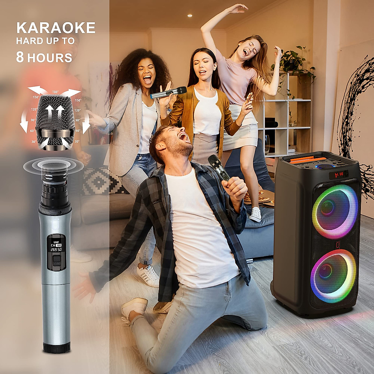 JYX Karaoke Machine with 2 Wireless Microphones for Adults, 8" Big Bluetooth Party Speaker with 500W Peak Power, PA System with LED Disco Light, Rolling Wheels and Trolley, Perfect for Outdoor Home
