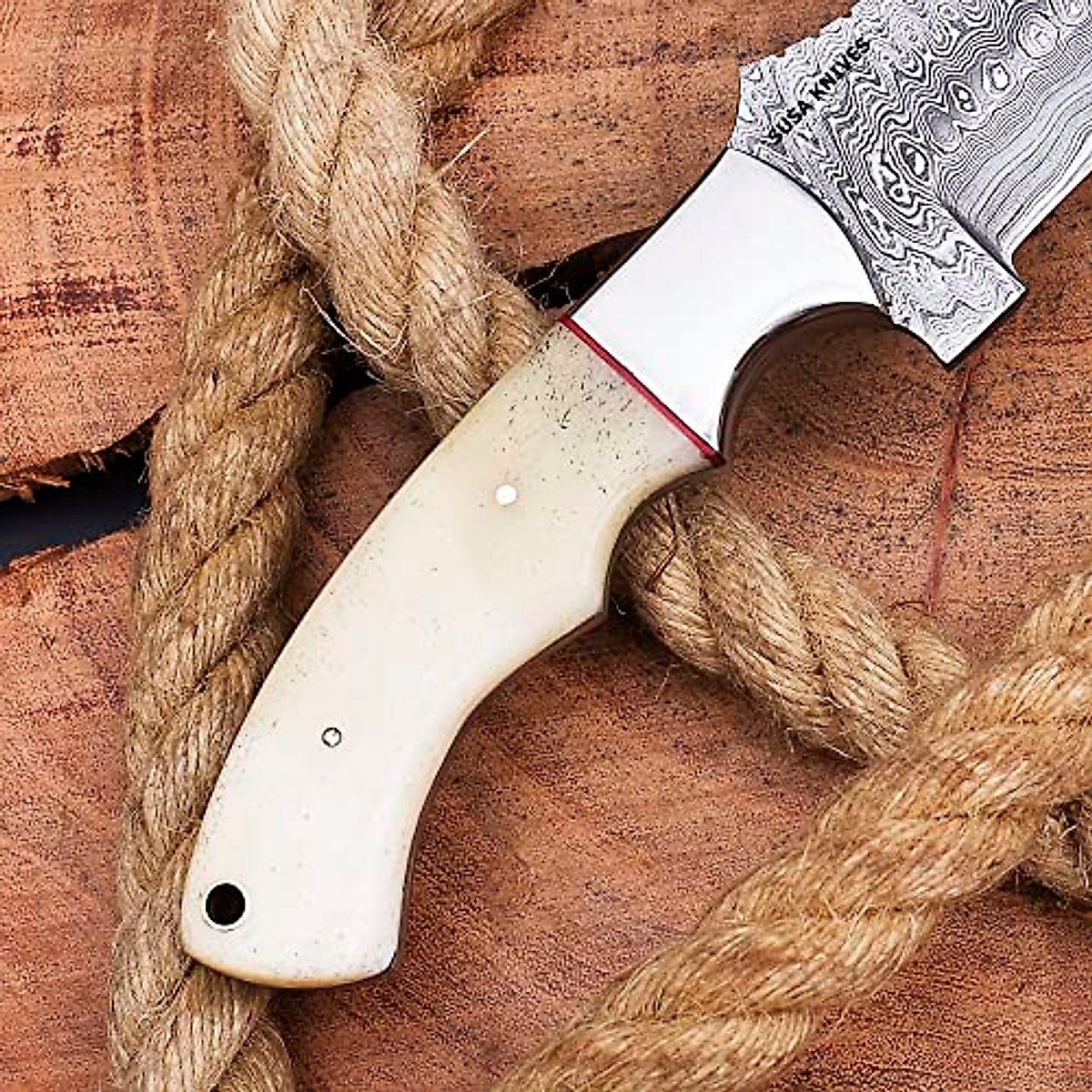 SUSA KNIVES Handmade Damascus Tracker Knife with Bone Handle - Survival Knife - Camping Knife - Damascus Steel Knife - Damascus Hunting Knife with Sheath Horizontal Carry Fixed Blade Knife (WHITE)
