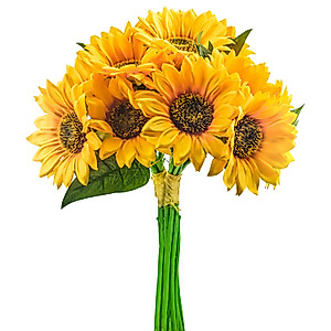 XONOR Artificial Sunflowers Bouquet, 3 Bouquets Artificial Silk Sunflowers with Stems Leaves for Wedding Bridal Party Garden Home Office Decoration