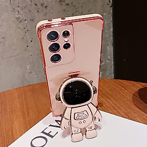 AIGOMARA 6D Plating Astronaut Hidden Stand Case Cover for Samsung Galaxy S21 Ultra 5G Women Astronaut Folding Bracket Kickstand iPhone Case with Camera Protector Soft TPU Shockproof Bumper - Pink