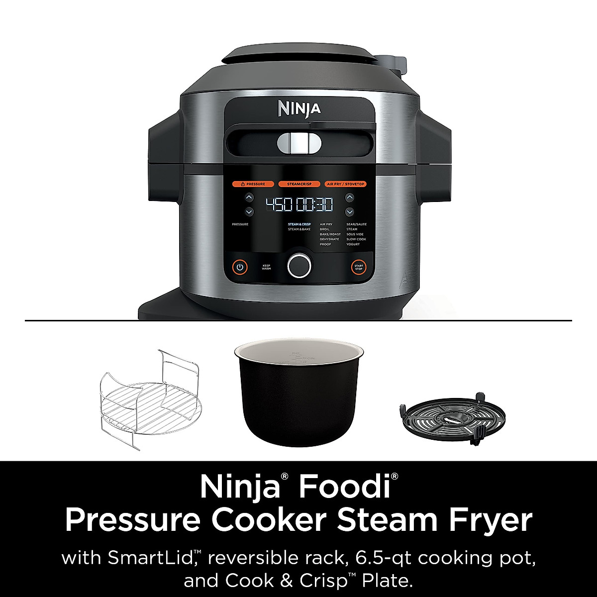 Ninja OL501 Foodi 6.5 Qt. Pressure Cooker Steam Fryer with SmartLid, 14-in-1 that Air Fries, Bakes & More, with 2-Layer Capacity & 4.6 Qt. Crisp Plate, Silver/Black (Renewed)