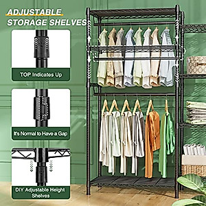 LEHOM G6 Wire Garment Rack Heavy Duty Clothes Rack Compact Large Size Armoire Storage Rack Freestanding Metal Clothing Rack Closet Wardrobe with 3 Hanger Rod and 4 Large Shelves 4 Small Shelves, Black