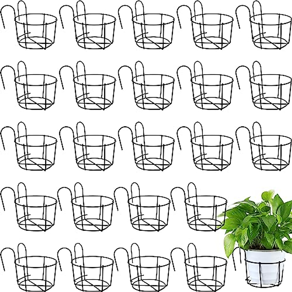 Dandat 24 Pcs Hanging Railing Planters 6 Inch Flower Pot Holders Black Potted Stand Railing Planter Iron Rack Balcony Planter Basket Small Shelf Container for Indoor Outdoor Balcony Fence Garden