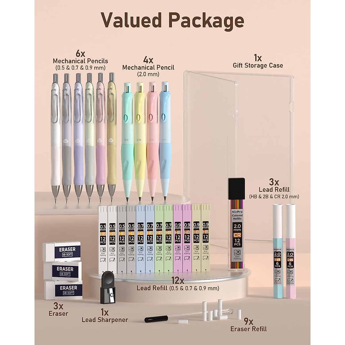Nicpro 31PCS Pastel Mechanical Pencil Set in Case, Cute Mechanical Pencils 0.5, 0.7, 0.9 mm & 2.0 mm with 15 Tube (HB 2B Colors)Lead Refills, 3 Erasers, Aesthetic School Supplies for Writing Sketching